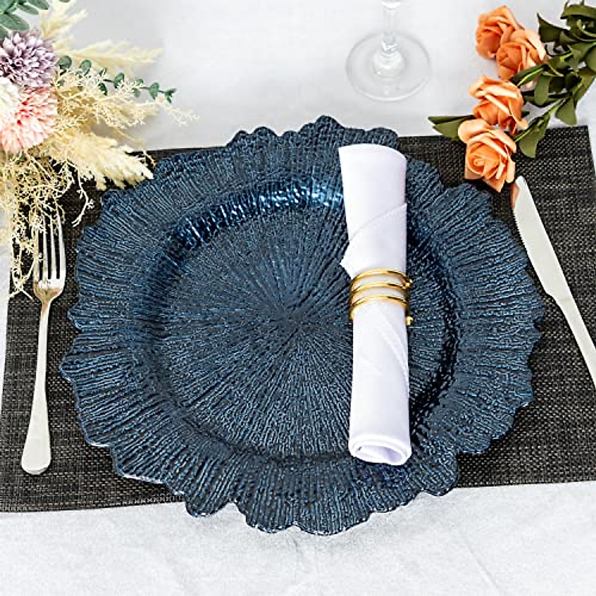 JRHCGH 13" Round Navy Blue Charger Plates Set Of 6, Plastic Reef Chargers for Dinner Plates, Wedding Supplies For All Holidays (Blue)