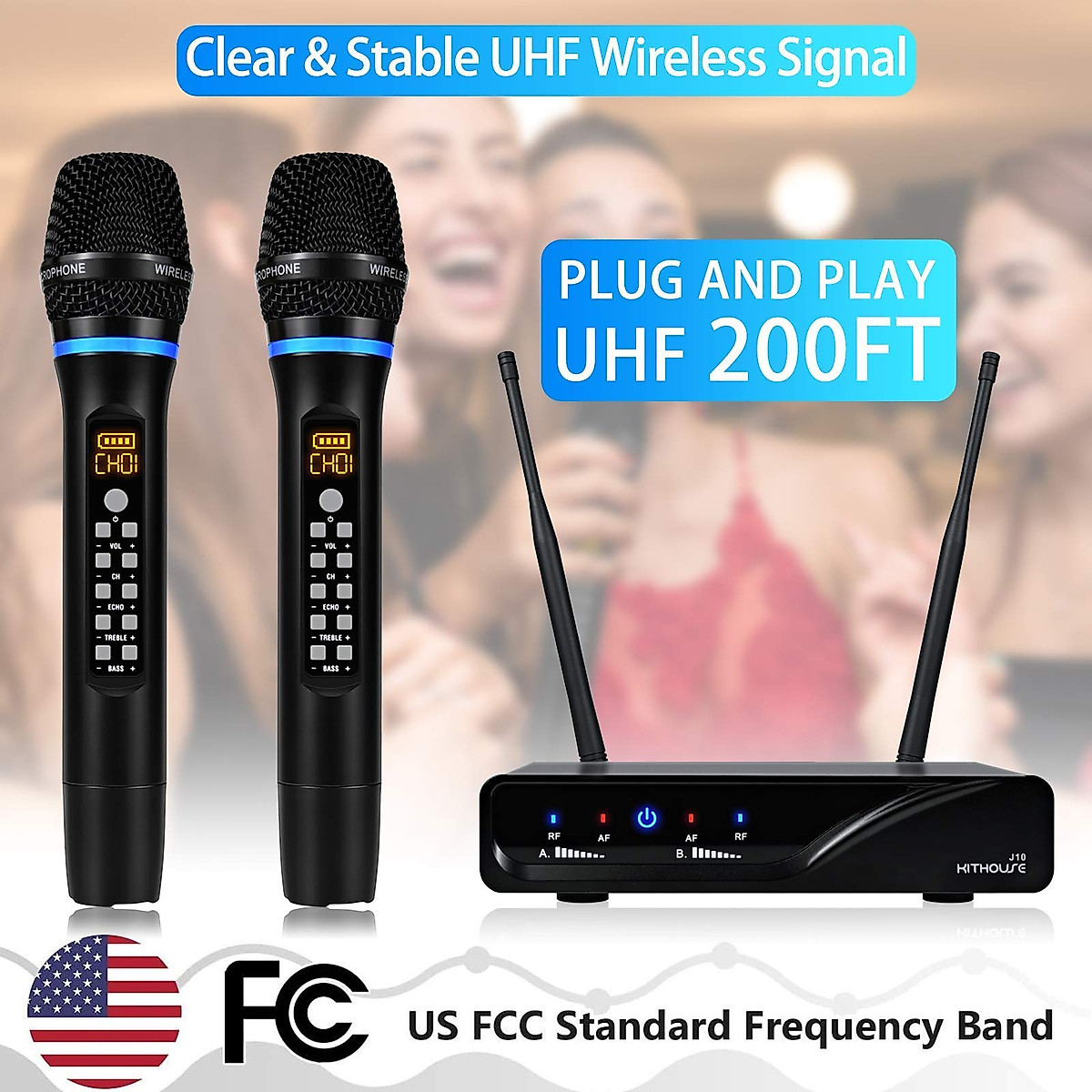 KITHOUSE J10 Wireless Microphone Karaoke System Rechargeable, UHF Metal Cordless Microphone Handheld with Volume Echo Treble BASS Control and Receiver Box for Singing Karaoke Speech Meeting