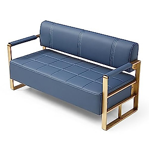 BIAYE Set 57.9" Width Modern Upholstery Faux Bonded Leather Loveseat Living Room Accent Love Seats for Small Spaces 2 Seater Couch Sofa Studio Furniture with Golden Metal Arms,Blue