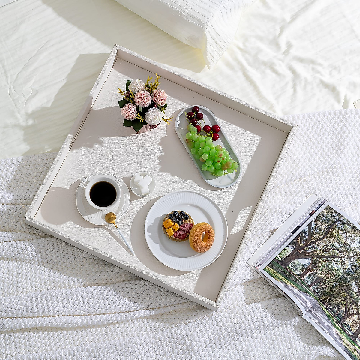 Hanobe Square Large Ottoman Tray: Extra Large White Serving Tray for Ottomans Big Leather Decorative Tray with Handles for Coffee Table Living Room 22" x 22"