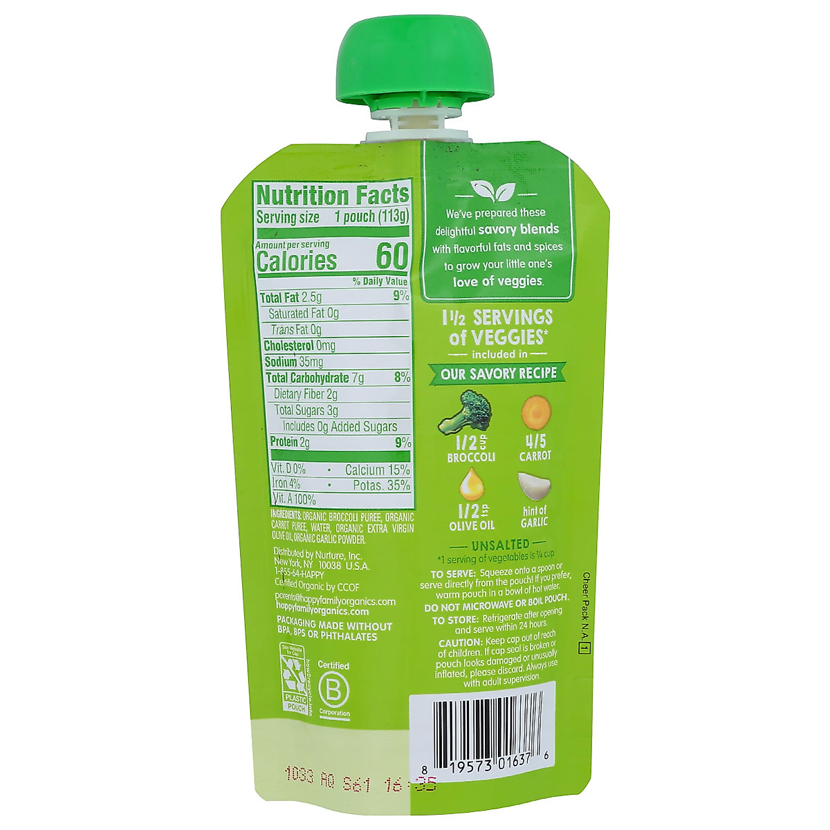 HAPPY BABY Organic Broccoli & Carrots with Olive Oil & Garlic Baby Food, 4 OZ