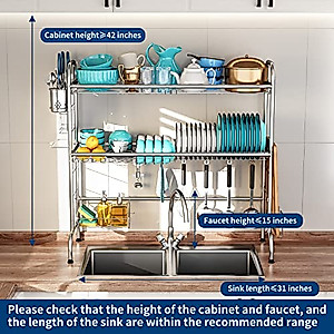 MOUKABAL Over The Sink Dish Drying Rack, Over Sink Dish Drying Rack with 2 Tier Utensil Holder,Large Stainless Steel Dish Racks for Kitchen Counter(fit≤33" Sink)