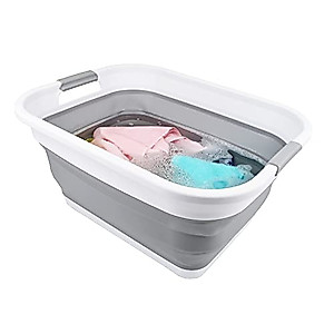 SAMMART 36L (9.5 gallon) Collapsible Plastic Laundry Basket - Foldable Pop Up Storage Container/Organizer - Portable Washing Tub - Space Saving Hamper/Basket (White/Grey (Set of 2))