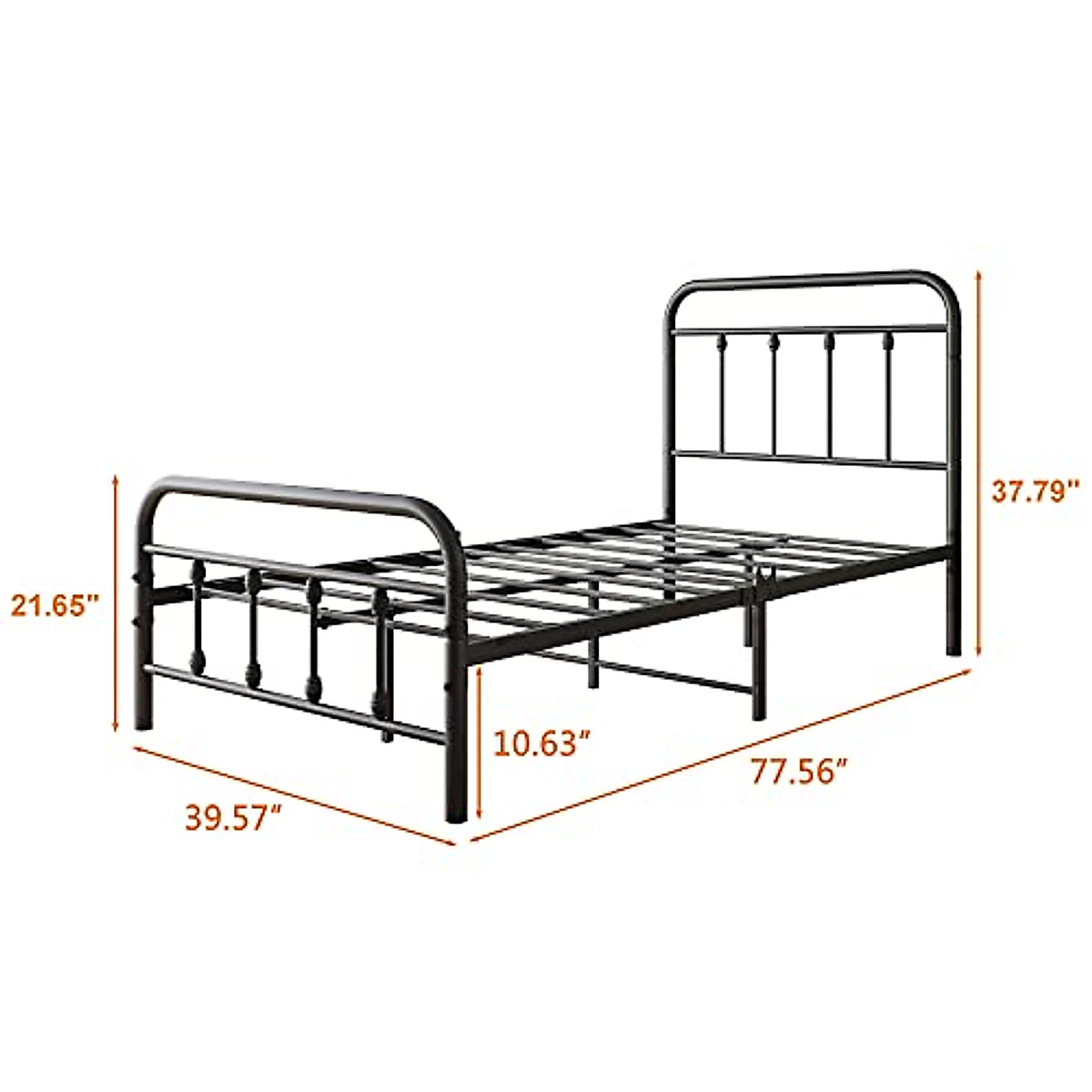 Elegant Home Products Vintage Twin Size Bed Frame with Headboard and Footboard Mattress Heavy Duty Metal Platform, Steel Slat Support (Twin, Black Sanded)