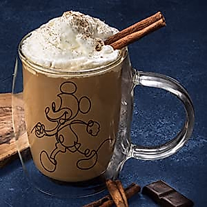 JoyJolt Aroma Disney Mickey and Pluto 13.5oz Glass Cups Set. 2 Insulated Double Wall Glass Coffee Cups, Insulated Coffee Cup Set. Unique Coffee Mugs, Large Espresso Cups. Disney Cups and Disney Mugs.