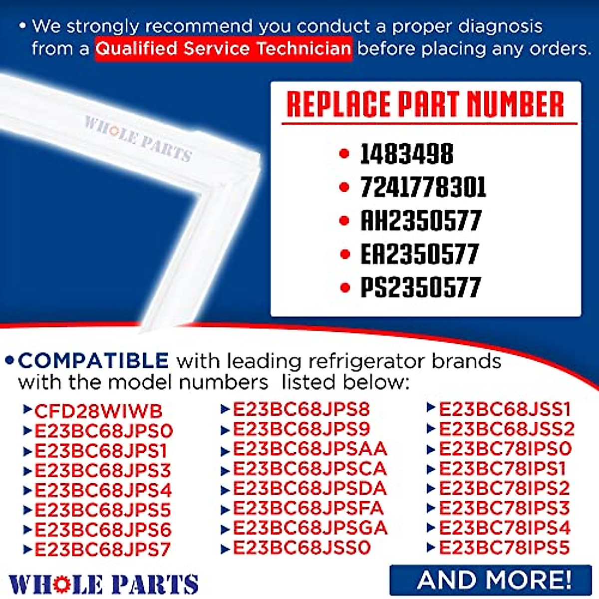 Whole Parts Refrigerator French Door Gasket (White) Part# 241778301 - Replacement & Compatible with Some Crosley, Electrolux and Kenmore Refrigerators