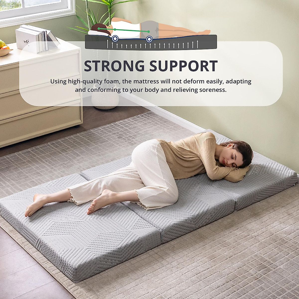 Folding Mattress, 4 Inch Full Tri Folding Memory Foam Mattress for Camping Guest Bed, Washable Cover & Non-Slip Bottom, 75" x 54" x 4", Grey