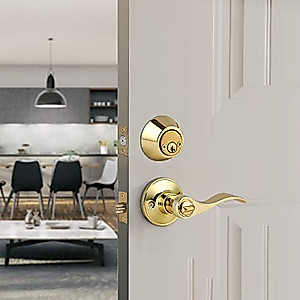 Keyed Alike Front Door Entry Lever with Double Cylinder Deadbolts,Polished Brass,Exterior Entrance Lever Door Handle,Wave Shape Door Lock Gold,Interior Door Handle Set for Front/Back Gate