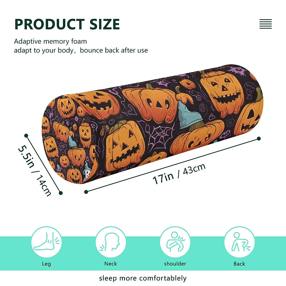 xigua Halloween Pumpkins Neck Roll Pillow for Neck Relief with Removable Washable Cover - Memory Foam Round Cylinder Bolster, Ergonomically Designed for Head, Neck, Back, and Legs