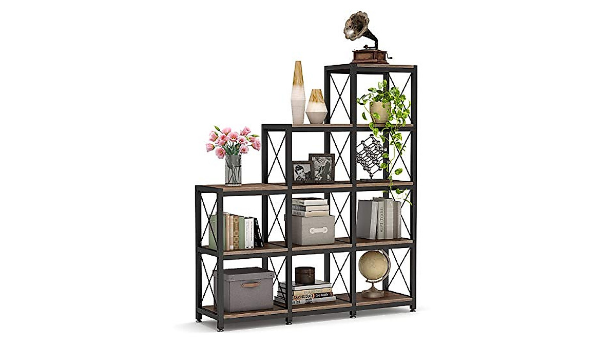 Tribesigns 12 Shelves Bookshelf | Rustic Industrial Corner Storage