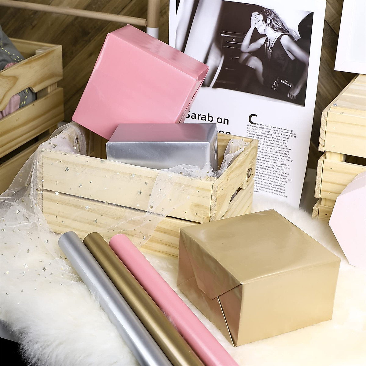 MAYPLUSS Wrapping Paper Roll - Mini Roll - 17.3 inch X 120 inch Per roll - Solid Matte Pink/Silver/Golden Design (43.2 sq.ft.ttl)