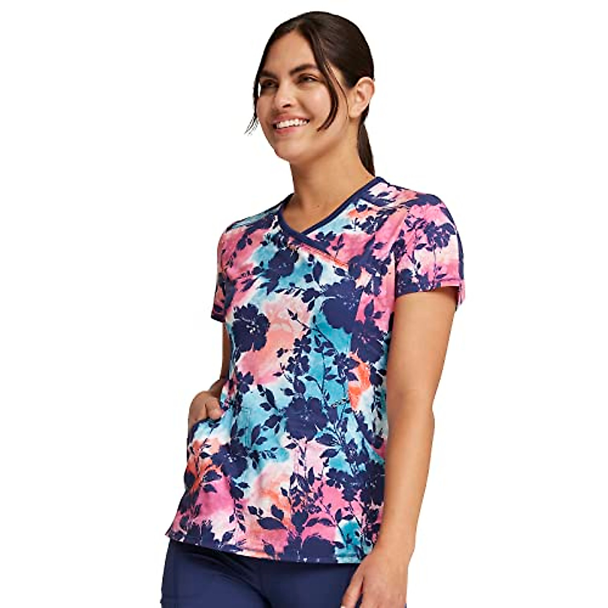 Cherokee Infinity Women Scrubs Top Mock Wrap CK608, XL, Artistic Blooms