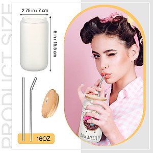 Remerry 8 Pack 16 oz Sublimation Blank Glass Cup with Bamboo Lids and Glass Straws, Heat Transfer Frosted Beer Can Tumbler Mug Cup for Soda Cocktail Juice Coffee Drinks