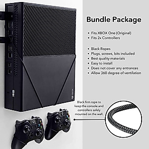 Xbox One Original Wall Mount Solution by FLOATING GRIP - Mounting Kit for Game Consoles - Effective Ventilation, Easy-to-Install System (Bundle: Fits Xbox One Original + 2X Controllers, Black)