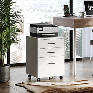 DEVAISE 3 Drawer File Cabinet for Home Office, Wood Under Desk Filing Cabinet, Rolling Printer Stand with Wheels, White