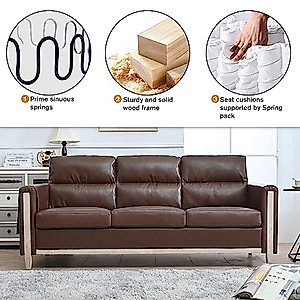 Nicemoods 79.5" PU Leather Sofa Couch with 2 Side Storage Pockets,3 Seater Sofa with Rubber Solid Wood Base&Legs,Soft Cushions,Thick Backrest,Couches for Living Room/Office/Apartment (Brown)