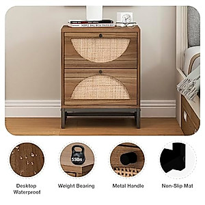 Woenei Rattan Nightstands End Table-Night Stand with 2 Drawers, Wood Accent Cabinet Set,Farmhouse Side Table with Storage, Bedside Tables for Living Room, Bedroom (1, Walnut)