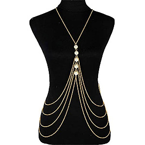 Yomiie Pearl Body Chain Sexy Cross Chest Chain Multilayer Gold Layered Tassels Fashion Pearl Necklace Body Chains Jewelry Hot Bikini Bra Beach Show for Women