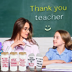 Tanlade 6 Pcs Teacher Appreciation Gifts Set Include Teacher Glass Cup with Lid and Glass Straw Teacher Tumbler Teacher Appreciate Socks Teacher Gifts Cool for Women Men Holiday Graduation Birthday