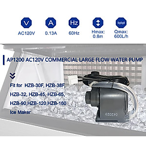 AP1200 AC120V Commercial Large Flow Water Pump Compatible with HZB-30F,HZB-38F,HZB-32,HZB-45,HZB-65,HZB-90,HZB-120,HZB-160 Ice Maker,Small-sized Circulating Submersible Pump,60Hz 0.13A, Hmax: 0.8m