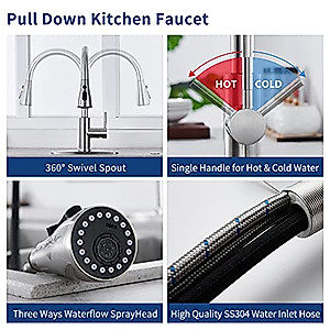 GASIA Kitchen Faucet,Faucet for Kitchen Sink,Kitchen Faucet with Sprayer,Brushed Stainless Steel Sink Faucet