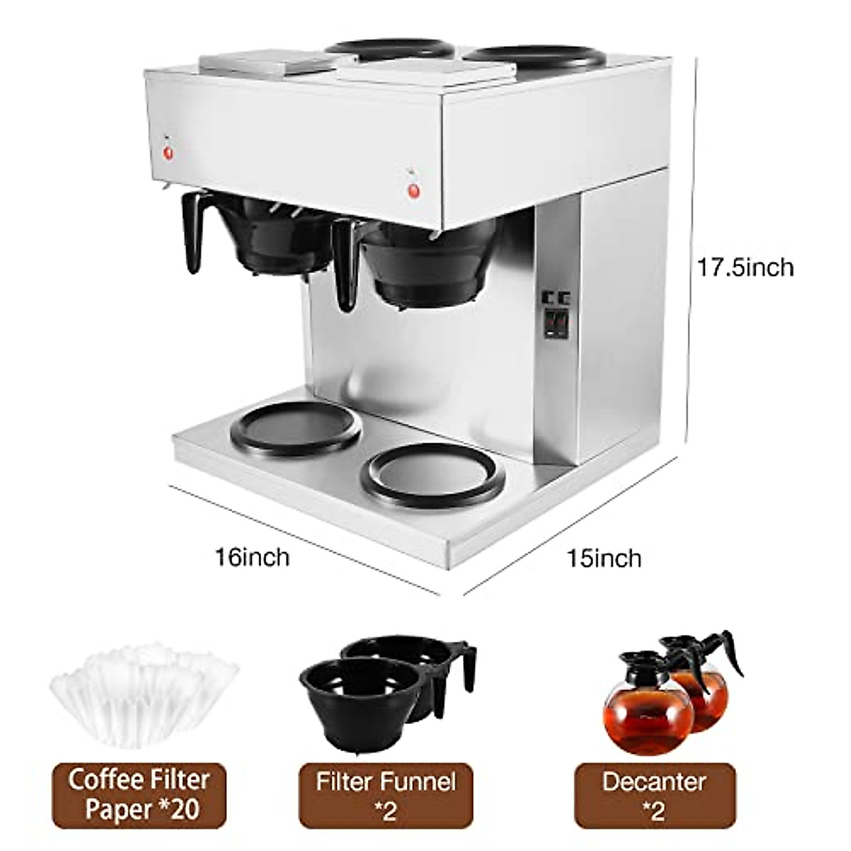 Restlrious Commercial Coffee Maker 24-Cup Drip Coffee Machine, Automatic Pour Over Coffee Brewer with 4 Warmer Pads and 2 Glass Decanter in 1.8L Capacity, Stainless Steel Cafetera Silver