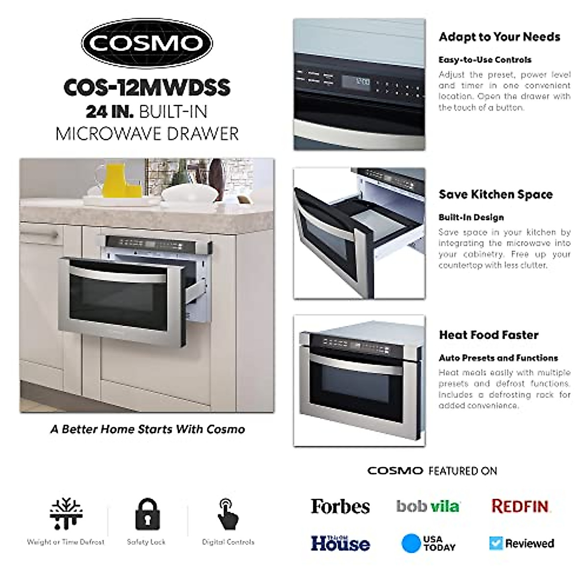 COSMO COS-12MWDSS 24 in. Built-in Microwave Drawer with Automatic Presets, Touch Controls, Defrosting Rack and 1.2 cu. ft. Capacity in Stainless Steel
