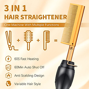 Hot Comb Electric Pressing Comb with Anti-Scald and Ceramic Plates - Versatile Hair Straightener, Curler, and Heated Brush for Beard Styling and Travel