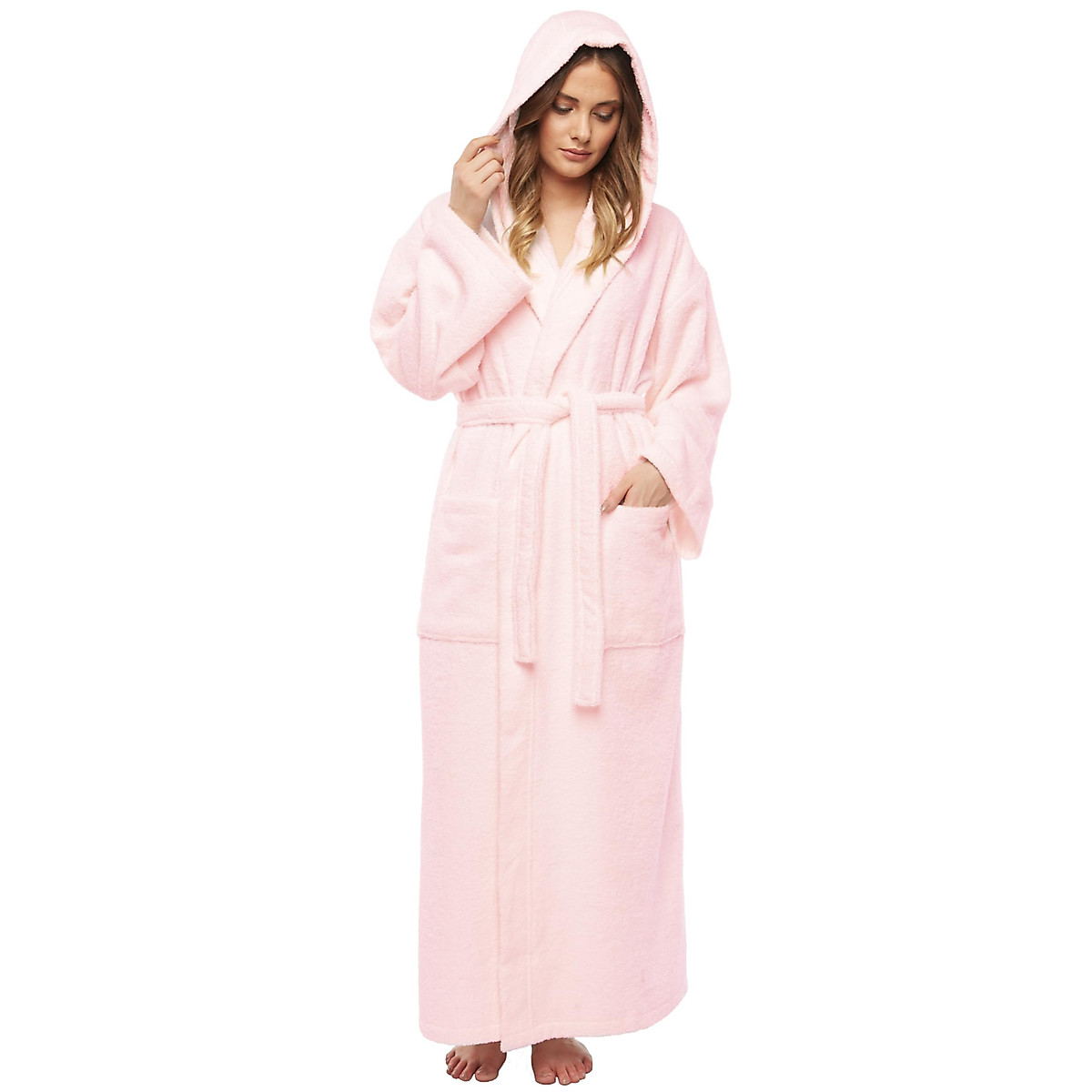 Arus Women's Hooded Classic Bathrobe Turkish Cotton Robe, Small-Medium, Pink