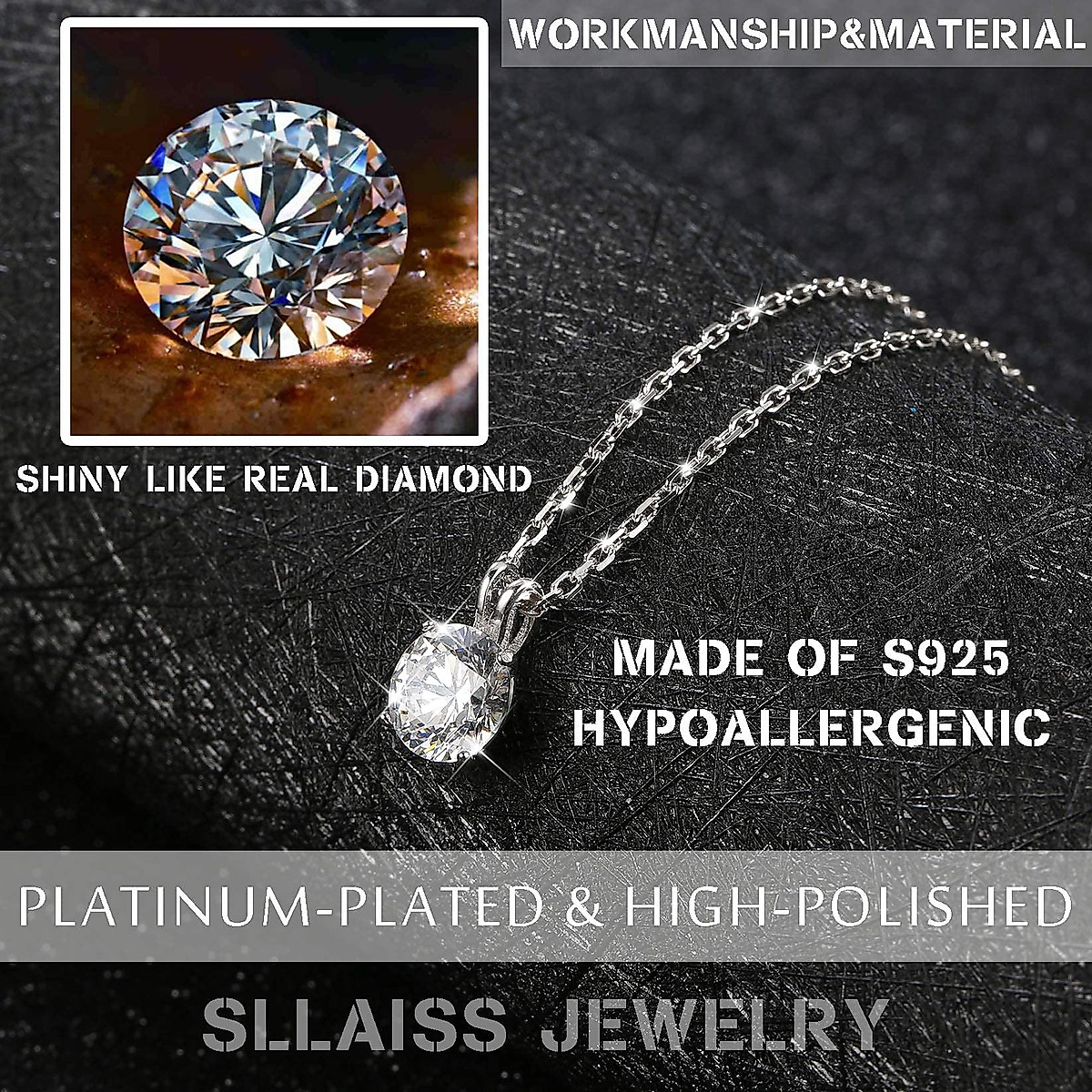 Sllaiss Sets With Swarovski Zirconia Sterling Silver Solitaire Pendant Necklace for Women Round-Cut CZ Necklace Chain Jewelry Gift (2 cttw), 18”