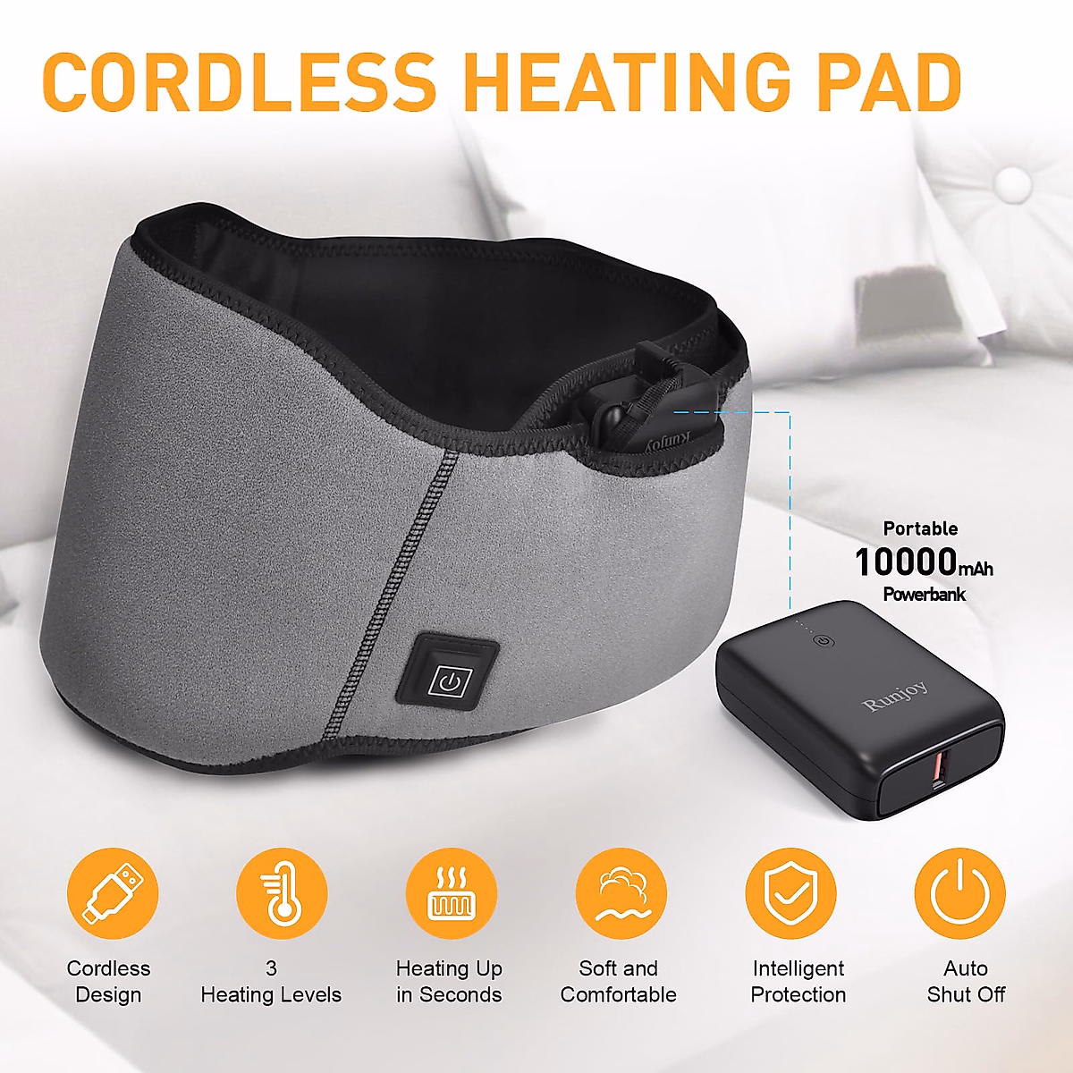 Runjoy Portable Heating Pad, Cordless and Rechargeable Heating Pad with 10000mAh Battery, 3 Heat Settings, Fast Heating and Adjustable Strap for Back Pain, Cramps, Neck and Shoulders