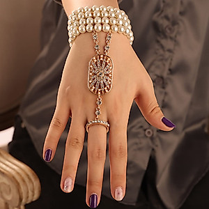 YERTTER Vintage Gold 1920s Flapper Bracelet Pearl Stretch Link Rhinestone Sun Charm Ring Bracelet Shiny Hand Chain Accessories for Weddindg Brides Party Adjustable Bracelet Women