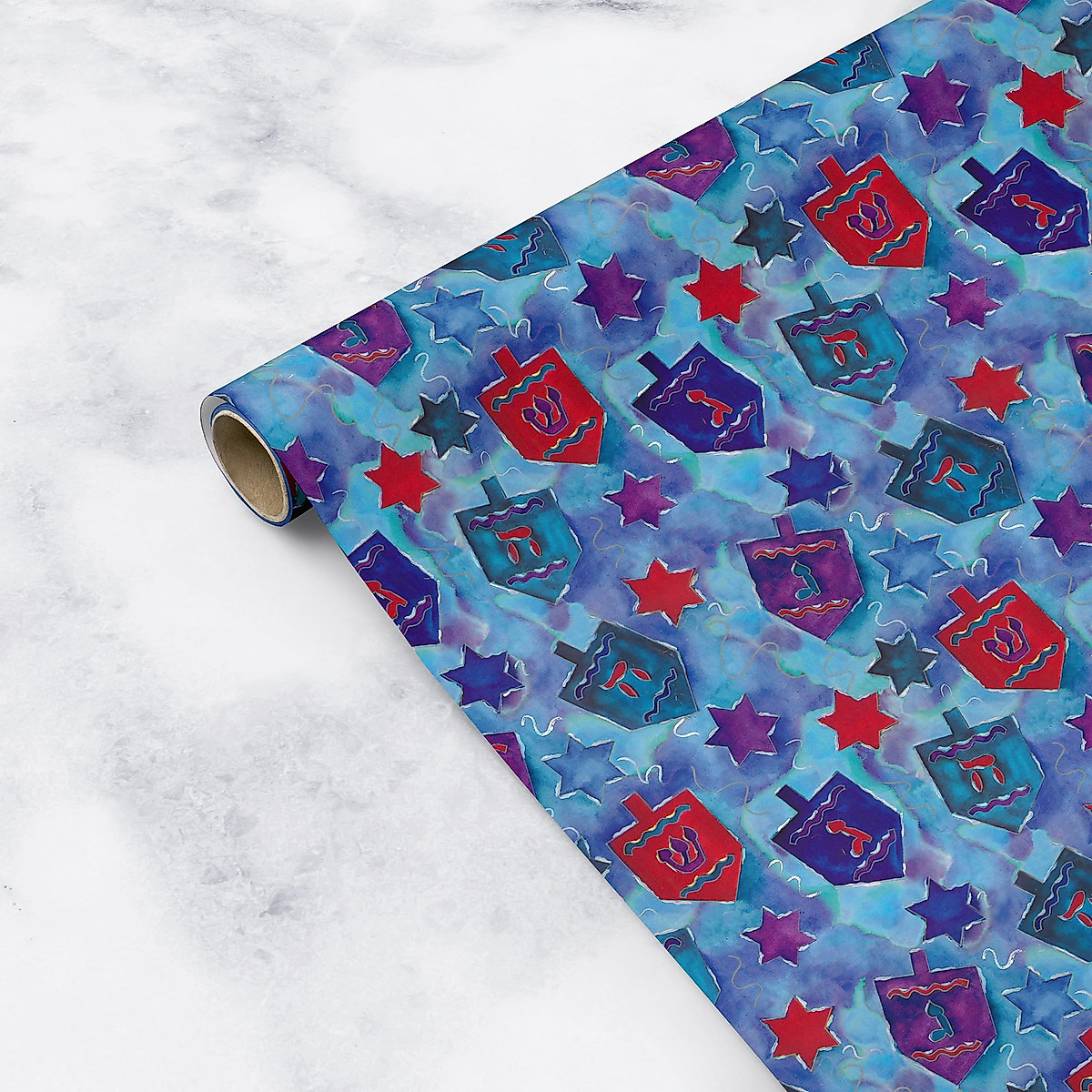 Designer Greetings Glitterwrap™ Hanukkah Gift Wrap – Dreidels, Star of David, Menorahs, Coins and Blue Striped Pattern (4 Rolls/Designs Per Pack, 30” x 192”, 40 Sq. Ft.)