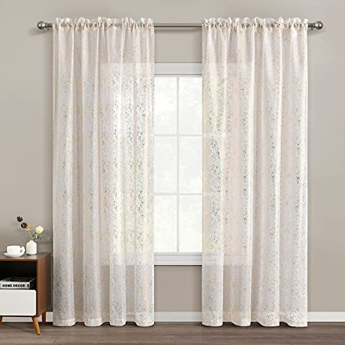 TERLYTEX Gold White Sheer Curtains 2 Panels, Metallic Gold Sheer Curtains 72 Inch Length, Rod Pocket Privacy Sparkle Glitter Gold Sheer Curtains for Living Room, 52 x 72 Inch, 2 Panels, Gold White