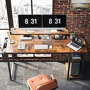 ODK Computer Desk with Shelves, 55" Home Office Desk with Monitor Shelf, 2 Tiers Shelves Study Writing Table, Modern Simple Style PC Desk, Stable Workstation, Printer Space, Easy to Assemble, Teak