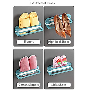 2PCS Bathroom Slippers Rack Wall Mounted Shoe 4in1Organizer Rack Folding Slippers Holder Shoes Hanger Punch-Free Storage Towel Racks (Blue)