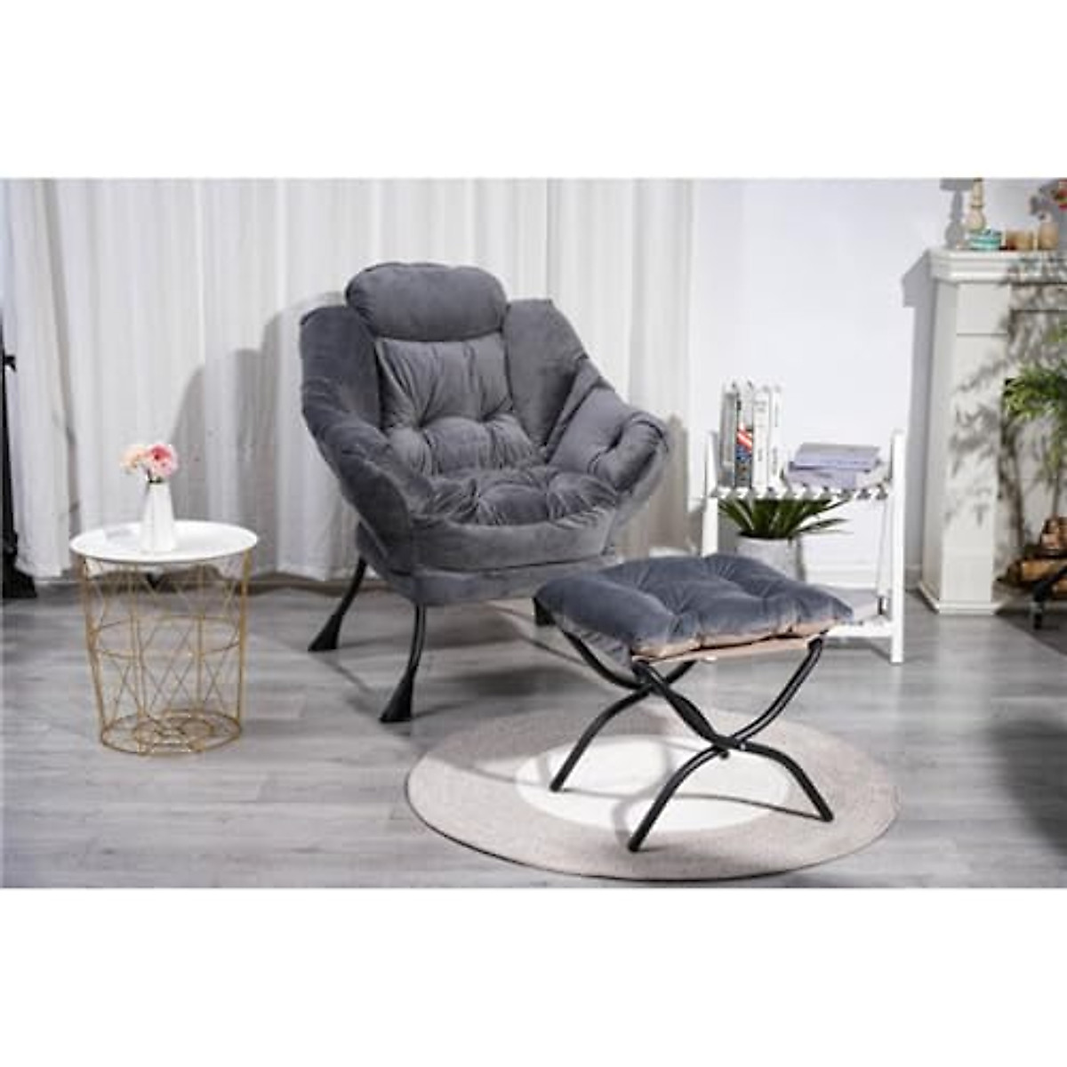 Lazy Chair with Ottoman, Modern Accent Lounge Chair with Folding Footrest and Headrest, Upholstered Leisure Sofa Armchair Reading Chair with Side Pocket for Living Room, Bedroom, Office, Dark Gray