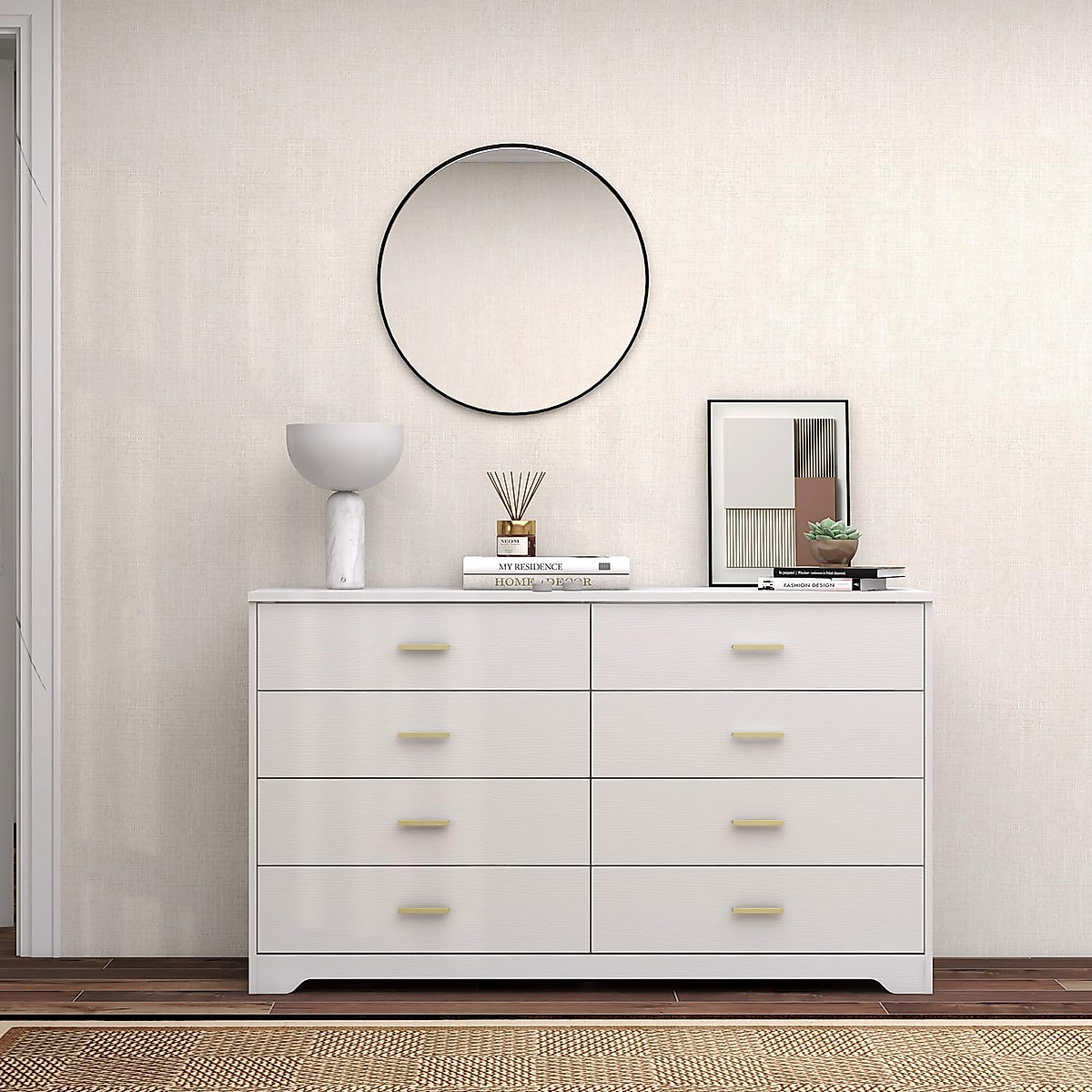 8 Drawer Wood Lateral Dresser, Big Wide Chest of Drawers Storage Organizer with Metal Gold Handles Home Bedroom (White)