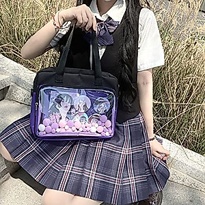 Hipi-shop Ita bag Japanese Color matching Transparent shoulder bag crossbody bag for Anime Lolita Bag DIY Cosplay Display Anime badges handbag (Black)