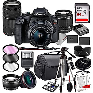 Rebel T7 DSLR Camera with 18-55mm f/3.5-5.6 is II Zoom Lens & 75-300mm III Lens Bundle + 64GB Memory, Case, Tripod, Extra Battery and More