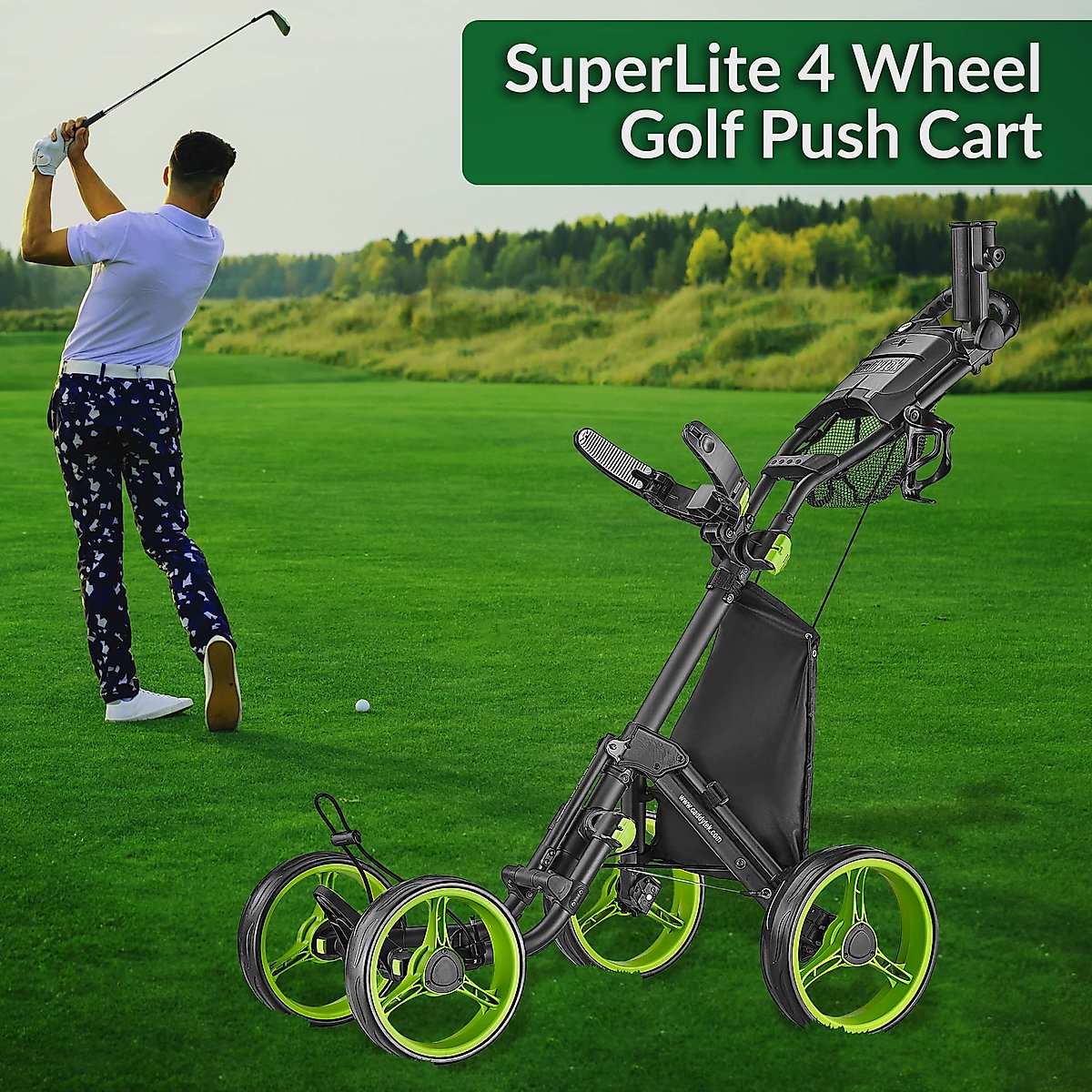caddytek 4 Wheel Golf Push Cart - Compact, Lightweight, Close Folding Push Pull Caddy Cart Trolley - Explorer V8, Lime