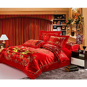 LELVA Chinese Traditional Red Sheet Asian Bedding Queen with Dragon and Phoenix Bird Embroidery Duvet Cover Set 4pcs (Queen)