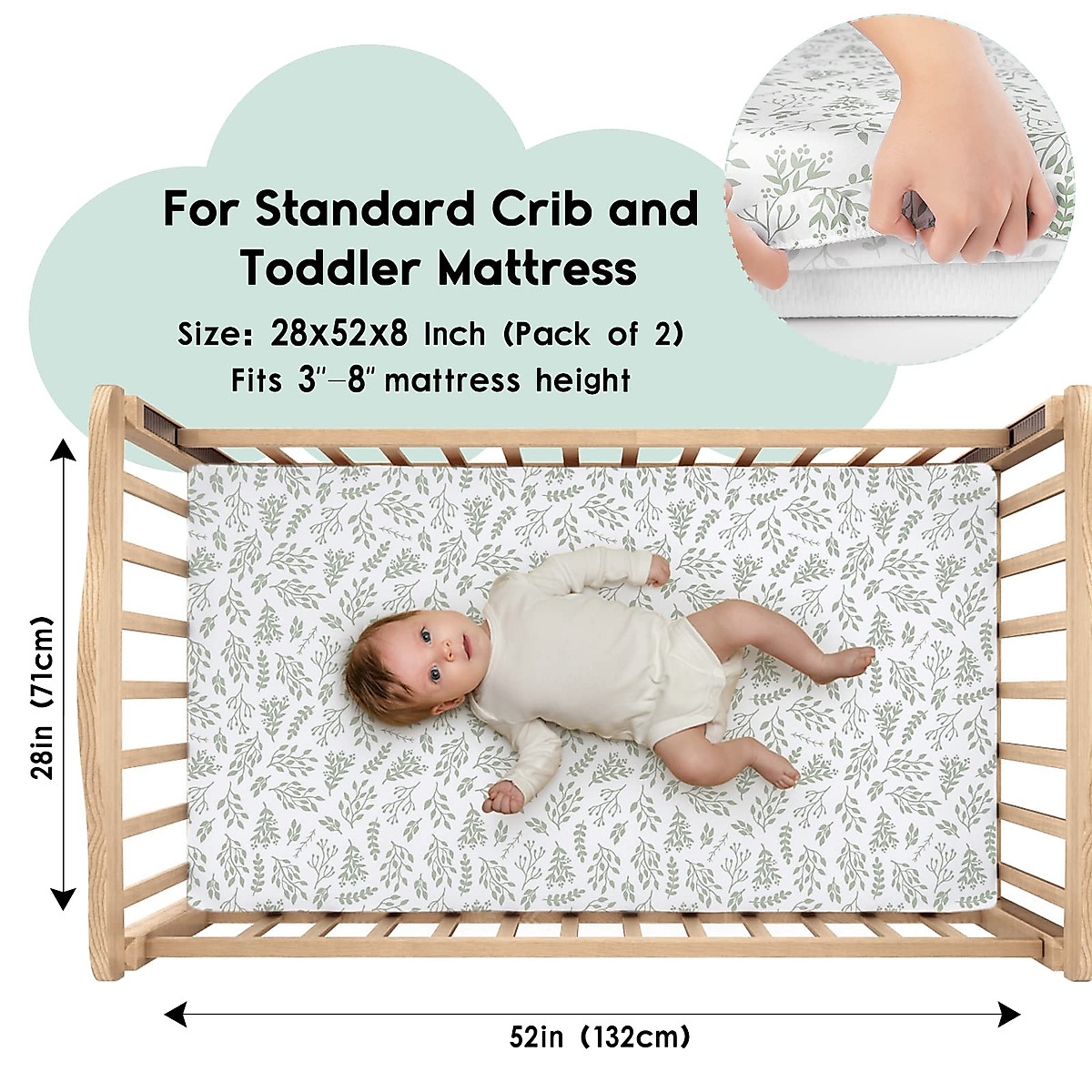 Yoofoss Baby Crib Sheets for Boys Girls, Fitted Crib Sheet 2 Pack for Standard Crib and Toddler Mattress, Super Soft Microfiber Baby Sheet 28x52x8in(Green+Leaf)