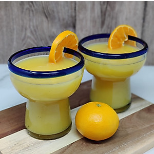 Dos Sueños Mexican Hand Blown Glass – Set of 4 Hand Blown Stemless Blue Rim Margarita Glasses (14oz)