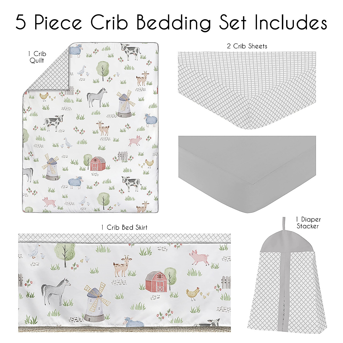 Sweet Jojo Designs Farm Animals Boy or Girl Baby Crib Bedding Set for Infant Nursery Room Grey Red Black and White Gender Neutral Watercolor Farmhouse Lattice Gray Green Barn Horse Cow Sheep Pig