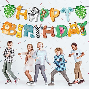 LJCL Safari Animals Happy Birthday Banner, Jungle Party Sign Jungle Animals Theme Bunting Party Decorations Supplies for Safari/Jungle Themed Birthday Party, Two Wild Party Birthday Party Supplies