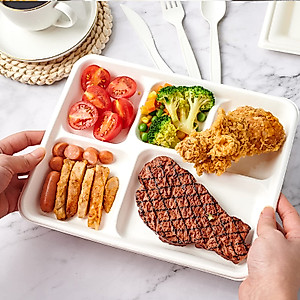 ECOLipak 100% Compostable 5 Compartment Plates, 125 Pack Disposable Paper Plates, Heavy-Duty Biodegradable Sugarcane Plates, Eco-Friendly School Lunch Trays