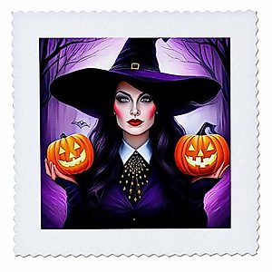3dRose Beautiful Witch with Jack-o-Lanterns. Purple Forest. Halloween... - Quilt Squares (qs-378848-2)