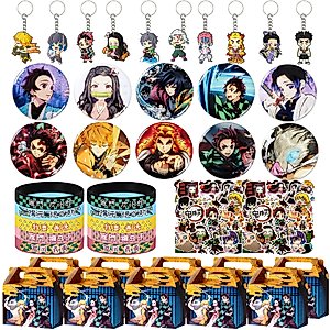 Birthday Party Supplies, 100Pcs Party Favors, Include 10 Gift Case,10 Bracelets,10 Button Pins, 10 Silicone Wristband, 10 Key Chains and 50 Stickers for Kids Anime Themed Party