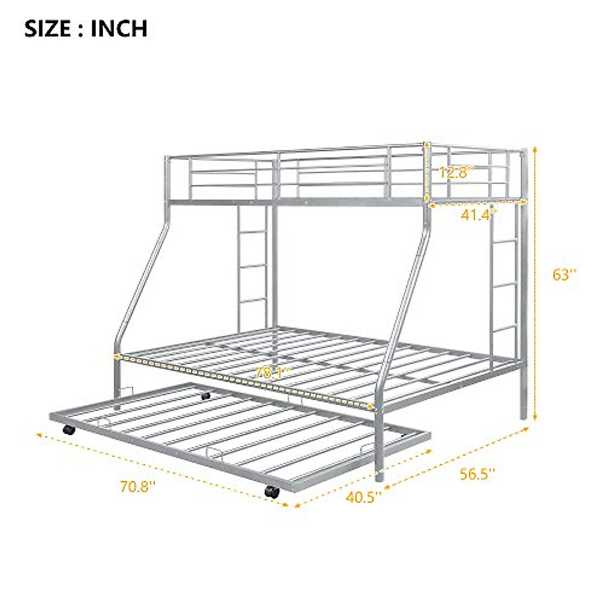 Metal Bunk Beds Twin Over Full Size with 2 Ladder and Trundle Bed for Kids Teens Adults, (Silver)